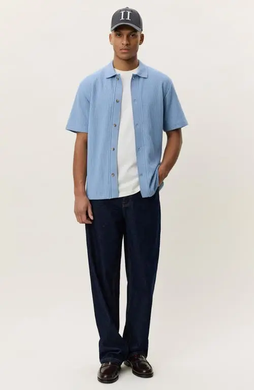 LES DEUX Pointelle Short Sleeve Cardigan - Faded Denim Blue