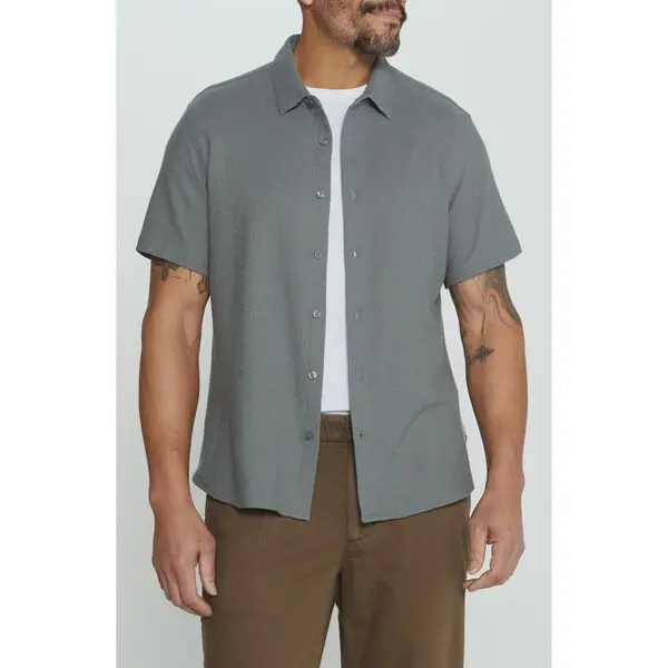 7 Diamonds The Rowan Solid Short Sleeve Textured Cotton Blend Button-up Shirt