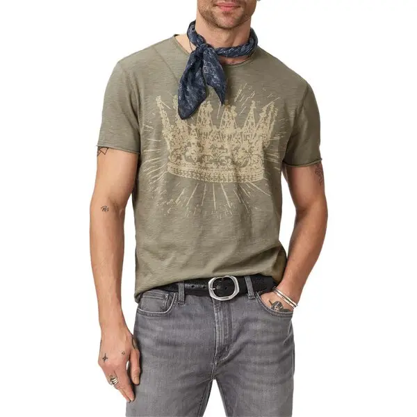 John Varvatos Raw Edge Shoulder Detail Graphic T-shirt - Light Olive