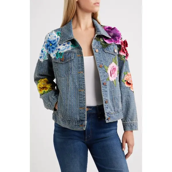 NIKKI LUND Blossom Embroidered Floral Appliqué Denim Trucker Jacket - Dark Blue