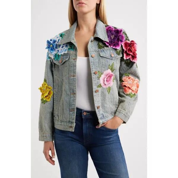 NIKKI LUND Blossom Embroidered Floral Appliqué Denim Trucker Jacket - Light Blue