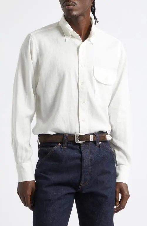 DRAKE'S Curved Flap Linen Button-down Shirt
