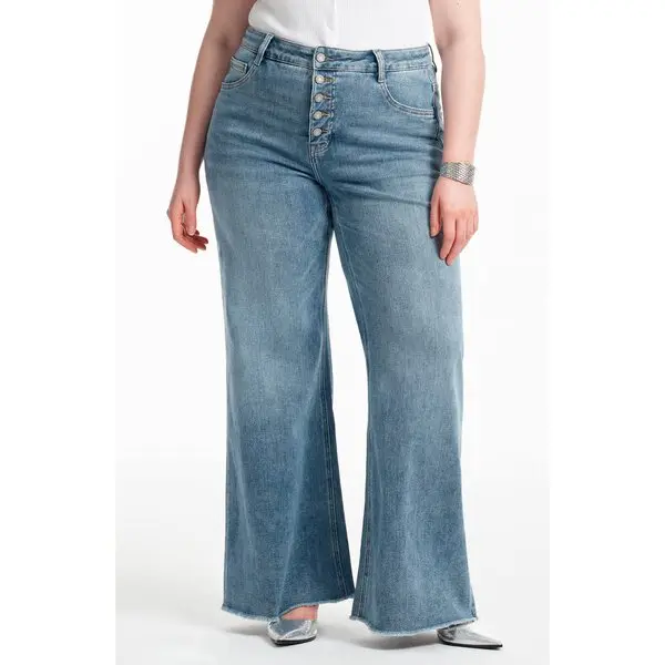 BAYEAS Mid Rise Wide Leg Jeans With Exposed Button Fly - Light Blue
