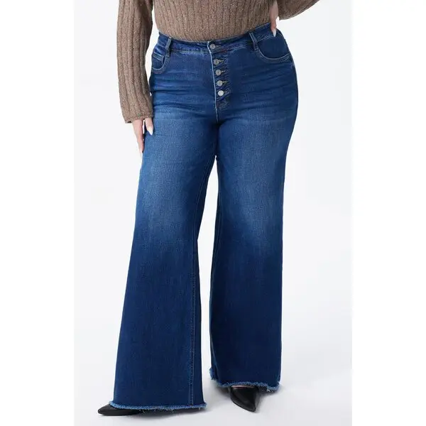 BAYEAS Mid Rise Wide Leg Jeans With Exposed Button Fly - Mirror
