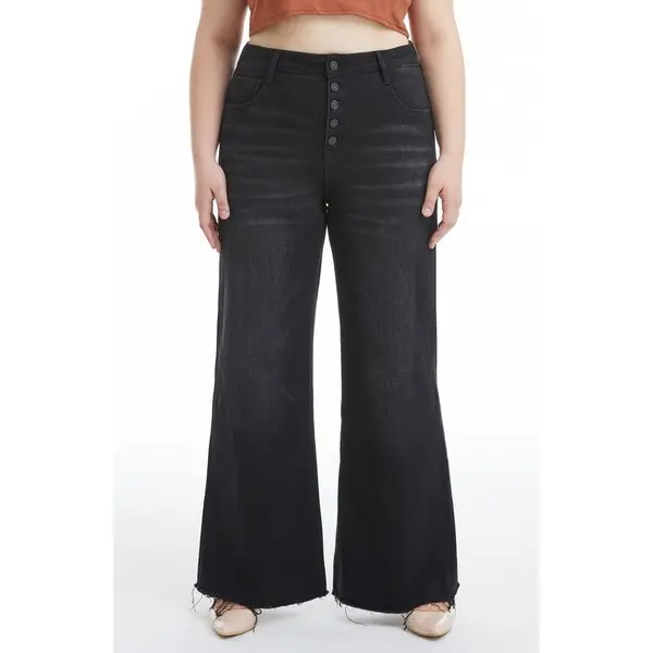 BAYEAS Mid Rise Wide Leg Jeans With Exposed Button Fly - Raven