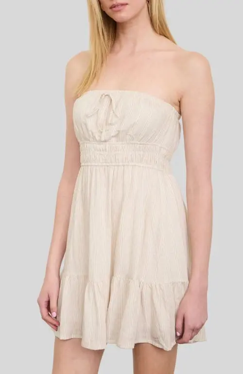 BLU PEPPER Strapless Striped Mini Dress With Ruffled Hem - Light Khaki