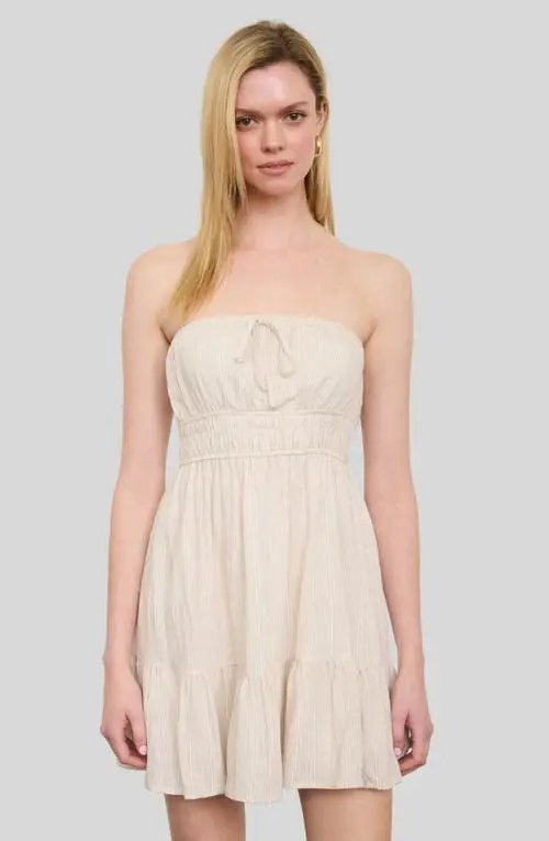 BLU PEPPER Strapless Striped Mini Dress With Ruffled Hem - Light Khaki