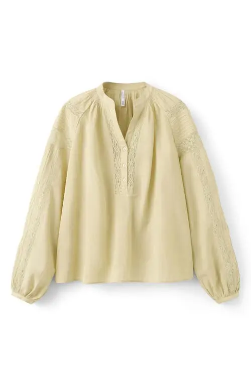Mango Lace Inset Pintuck Balloon Sleeve Cotton Blend Top
