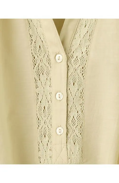 Mango Lace Inset Pintuck Balloon Sleeve Cotton Blend Top