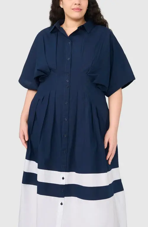 Halogen Pleated Combo Hem Cotton Maxi Shirtdress