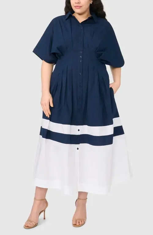 Halogen Pleated Combo Hem Cotton Maxi Shirtdress - Classic Navy