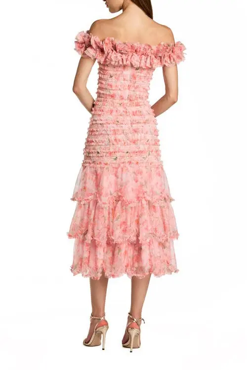Mac Duggal Floral Off-the-shoulder Ruffle Midi Dress