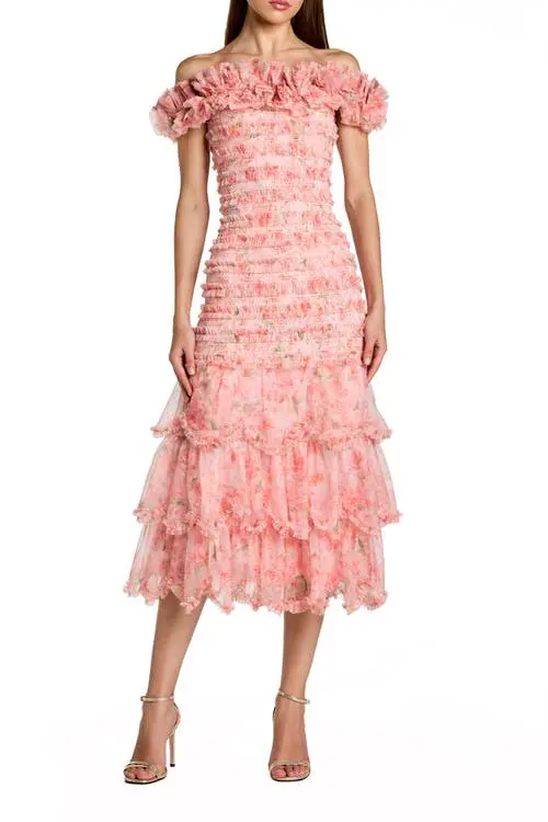 Mac Duggal Floral Off-the-shoulder Ruffle Midi Dress - Blush Multi