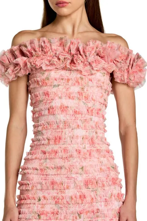Mac Duggal Floral Off-the-shoulder Ruffle Midi Dress