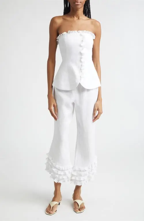 Posse Florence Ruffle Detail Crop Linen Pants - Ivory