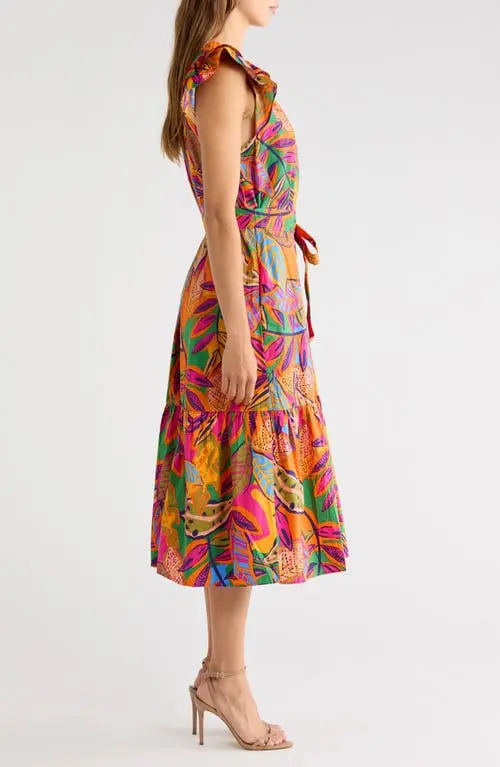 SUGARLIPS Milana Tropical Print Tiered Cotton Midi Dress