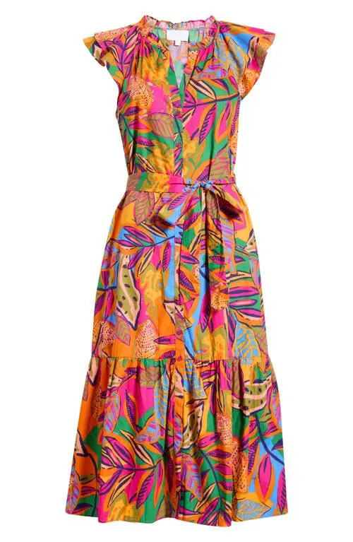 SUGARLIPS Milana Tropical Print Tiered Cotton Midi Dress