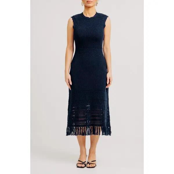 Torn By Ronny Kobo Colette Open Stitch Cotton & Cashmere Sweater Dress - Navy