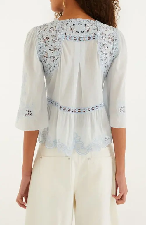 Farm Rio Richelieu Lace Panel Cotton Peplum Blouse