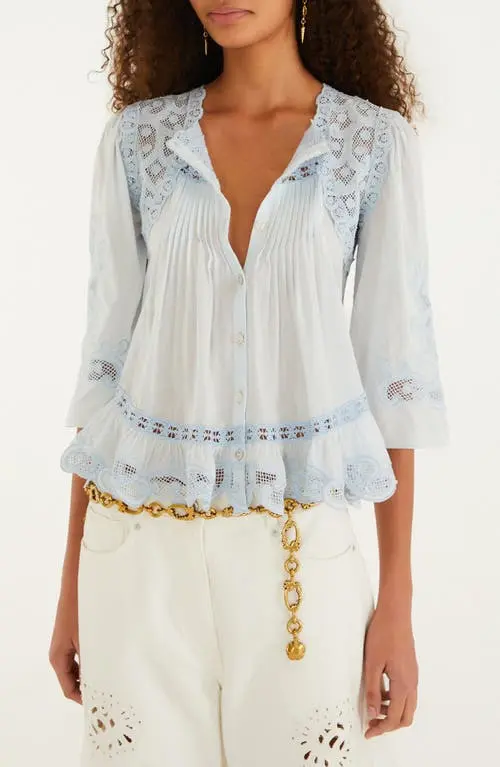 Farm Rio Richelieu Lace Panel Cotton Peplum Blouse