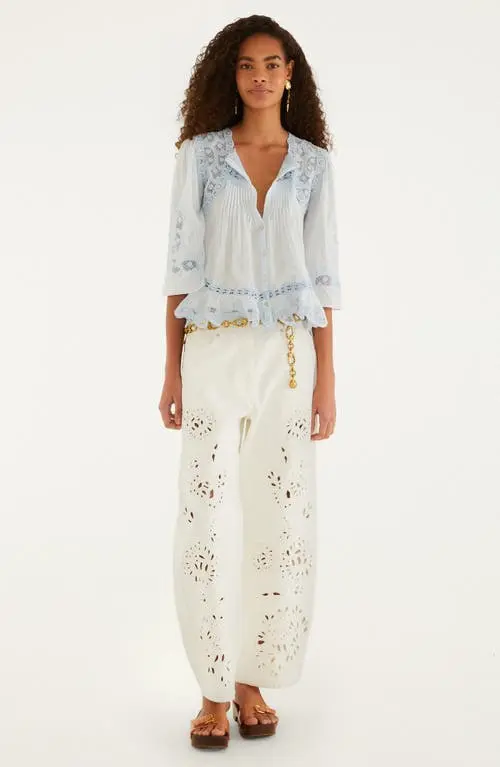 Farm Rio Richelieu Lace Panel Cotton Peplum Blouse