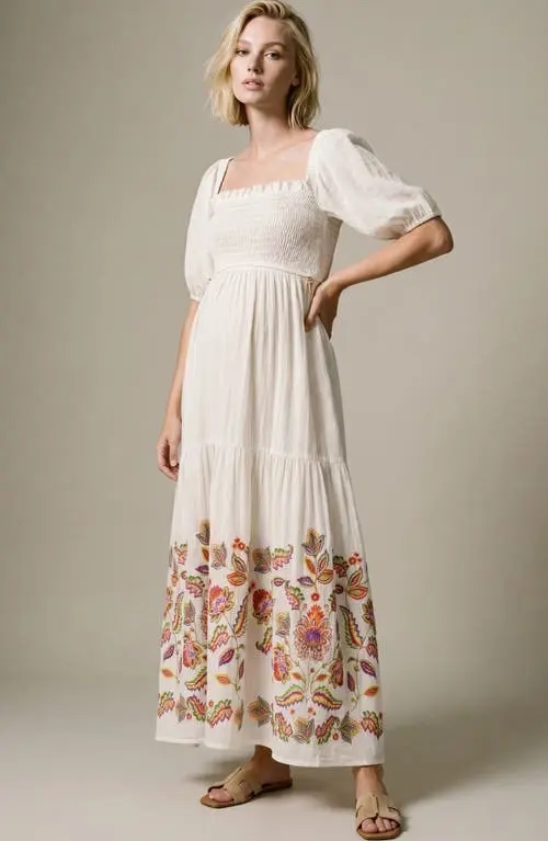 CACHE COEUR Mila Bohemian Smocked Maxi Dress With Puff Sleeves - Multicolor