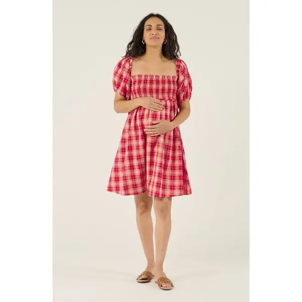 CACHE COEUR Melissa Smocked Checked Maternity & Nursing Dress - Raspberry