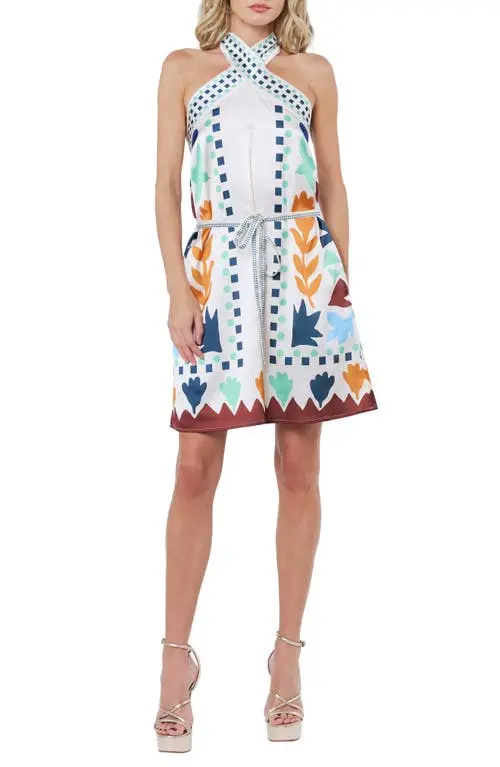 CIEBON Sleeveless Halterneck Tie Waist Dress With Geometric Print