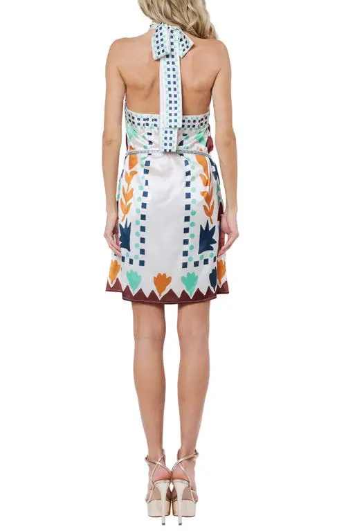 CIEBON Sleeveless Halterneck Tie Waist Dress With Geometric Print