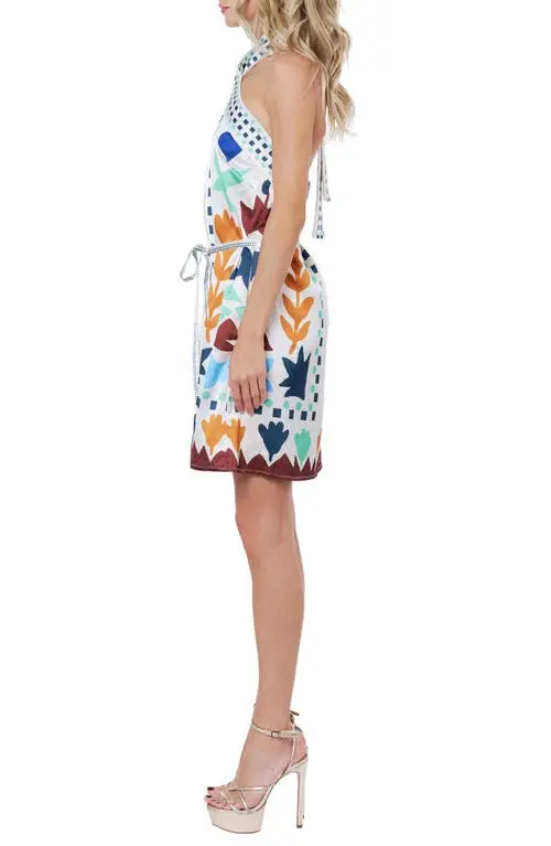 CIEBON Sleeveless Halterneck Tie Waist Dress With Geometric Print