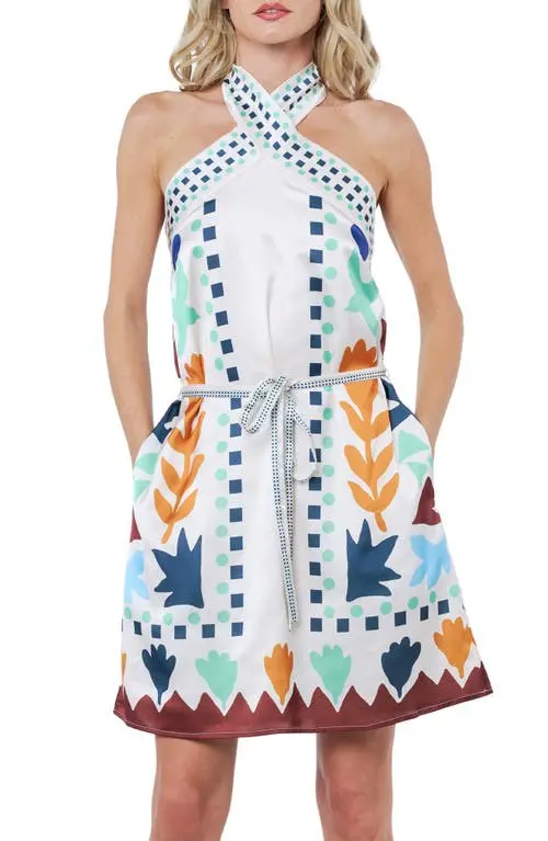 CIEBON Sleeveless Halterneck Tie Waist Dress With Geometric Print