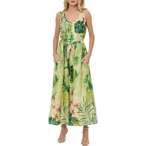 CIEBON Rowena Tie Waist Midi Skirt - Citron Multi