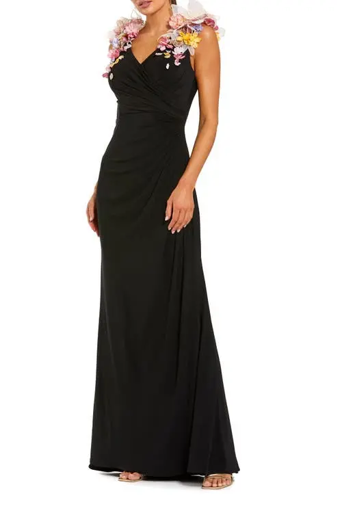 Mac Duggal Sleeveless V-neck Gown With 3d Floral Appliqu