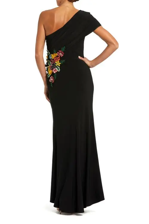 Mac Duggal One Shoulder Jersey Gown With Beaded Floral Appliqué And High Slit