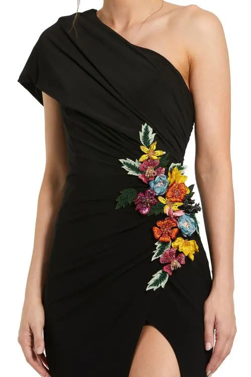 Mac Duggal One Shoulder Jersey Gown With Beaded Floral Appliqué And High Slit