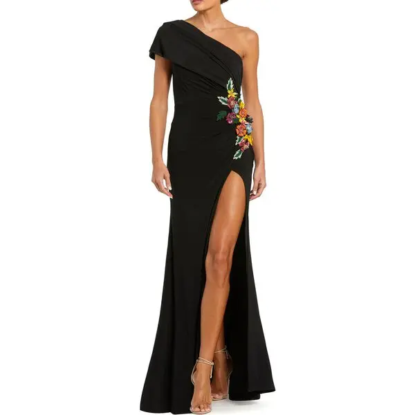 Mac Duggal One Shoulder Jersey Gown With Beaded Floral Appliqué And High Slit - Black
