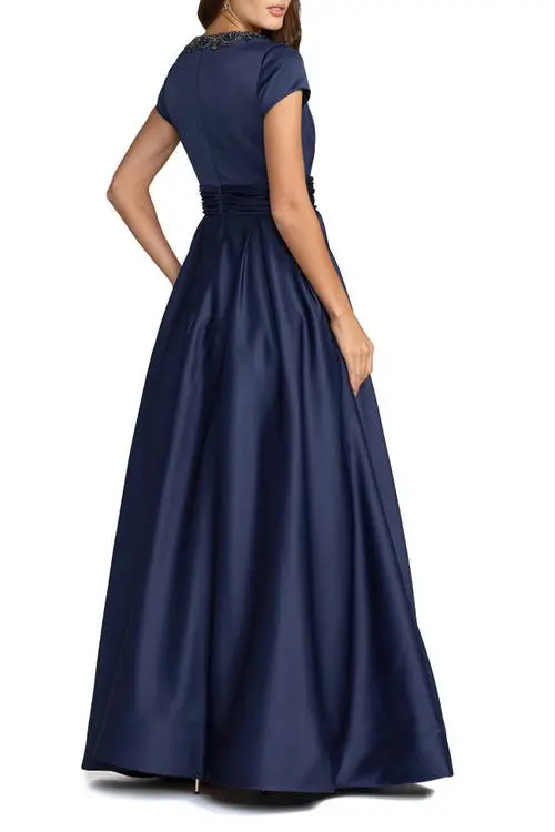 Mac Duggal Embellished Satin Cap Sleeve Gown With Pockets