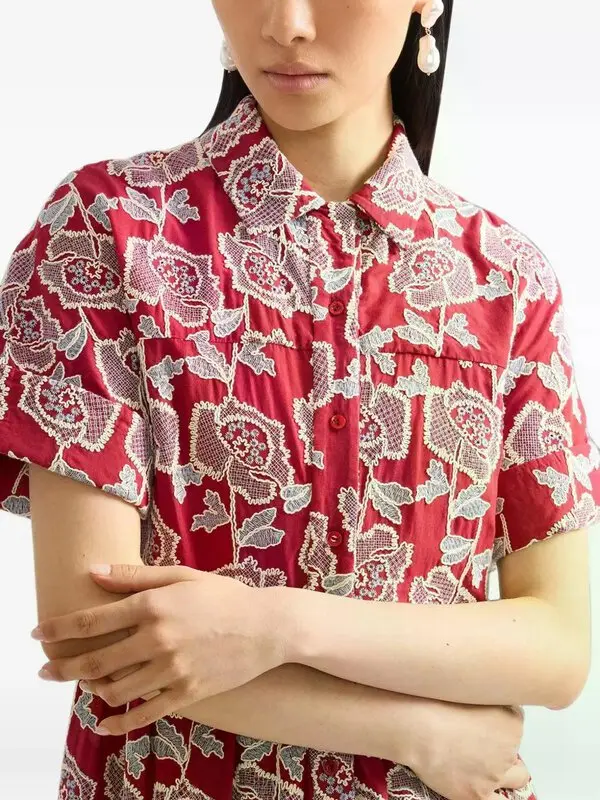 Erdem Floral Embroidered Midi Shirt Dress - Red