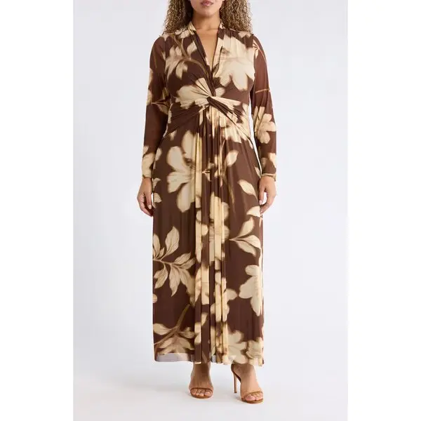 Anne Klein Floral Print Twist Front Long Sleeve Maxi Dress - Molasses Multi