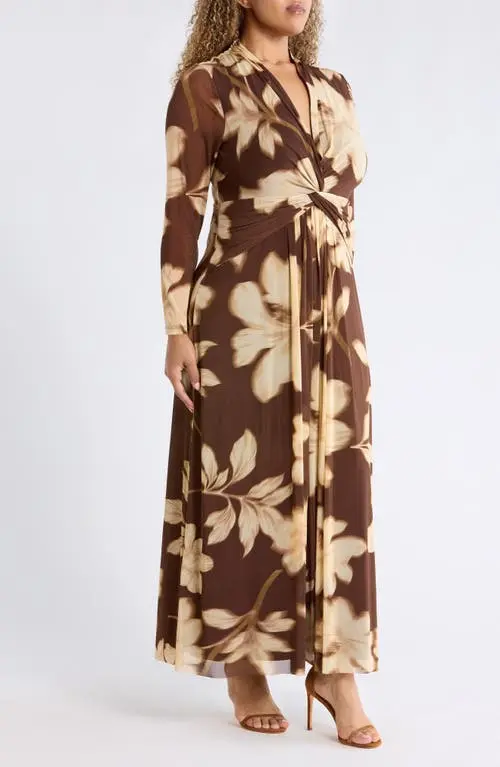 Anne Klein Floral Print Twist Front Long Sleeve Maxi Dress