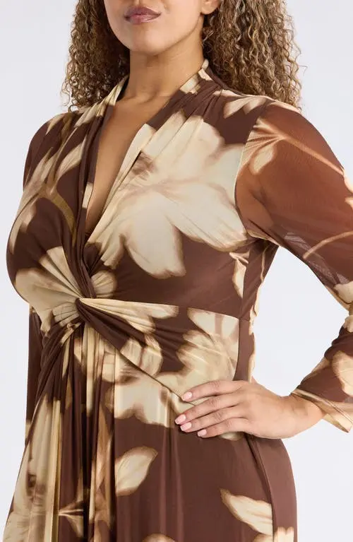 Anne Klein Floral Print Twist Front Long Sleeve Maxi Dress