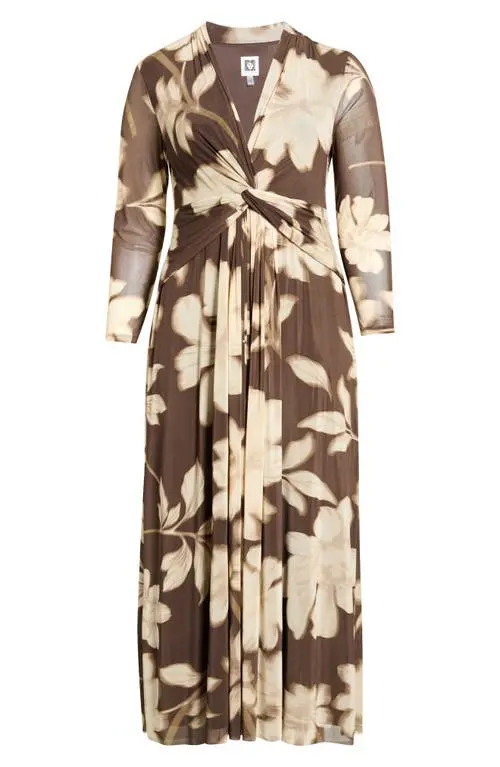 Anne Klein Floral Print Twist Front Long Sleeve Maxi Dress