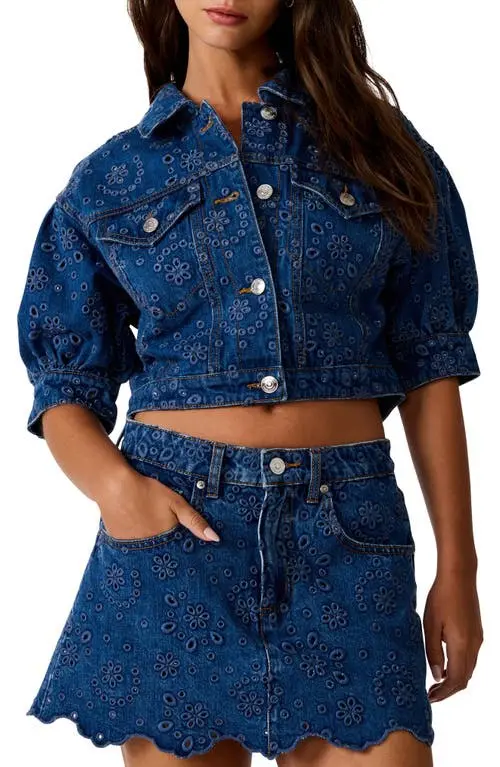 Steve Madden Serafina Cropped Denim Eyelet Jacket - Blue Depths