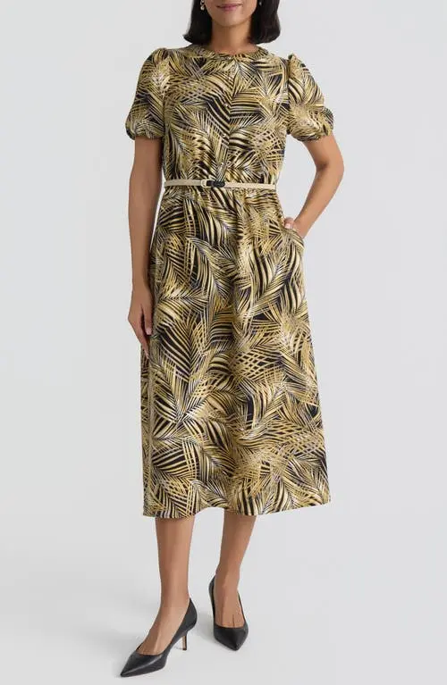 KASPER Tropical Print Belted Midi Shirtdress - Black Multi
