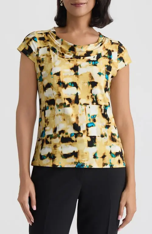 KASPER Abstract Print Cowl Neck Cap Sleeve Top