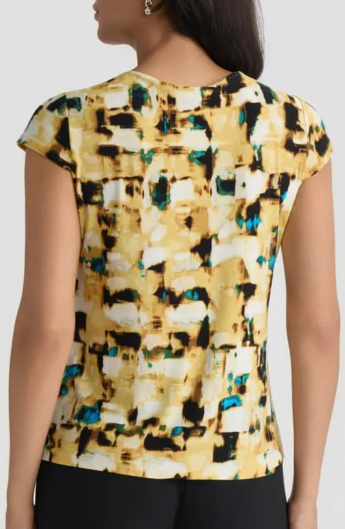 KASPER Abstract Print Cowl Neck Cap Sleeve Top