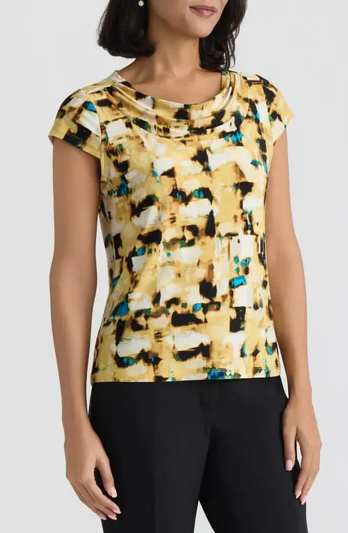 KASPER Abstract Print Cowl Neck Cap Sleeve Top