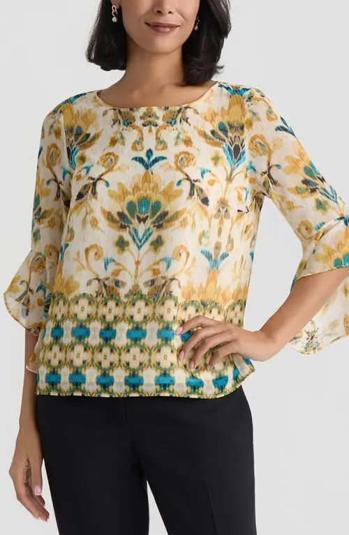 KASPER Border Print Ruffle Sleeve Top