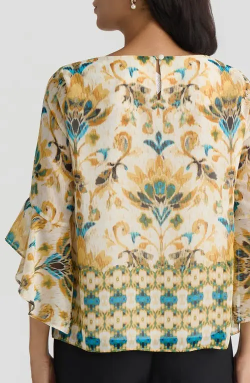 KASPER Border Print Ruffle Sleeve Top