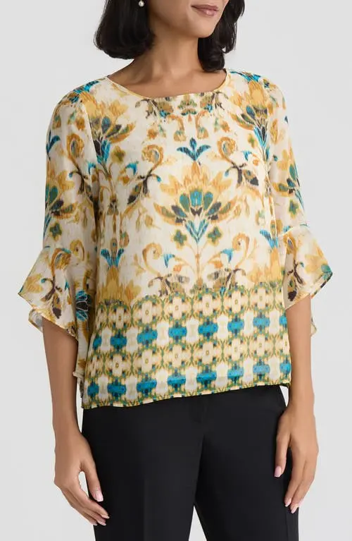 KASPER Border Print Ruffle Sleeve Top